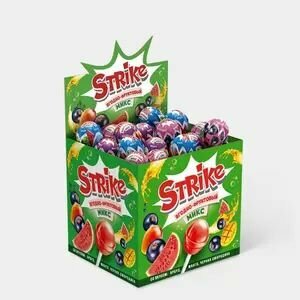 Карамель на палочке STRIKE со вкусами арбуза, манго и черной смородины 50 шт. Х 11.3г.