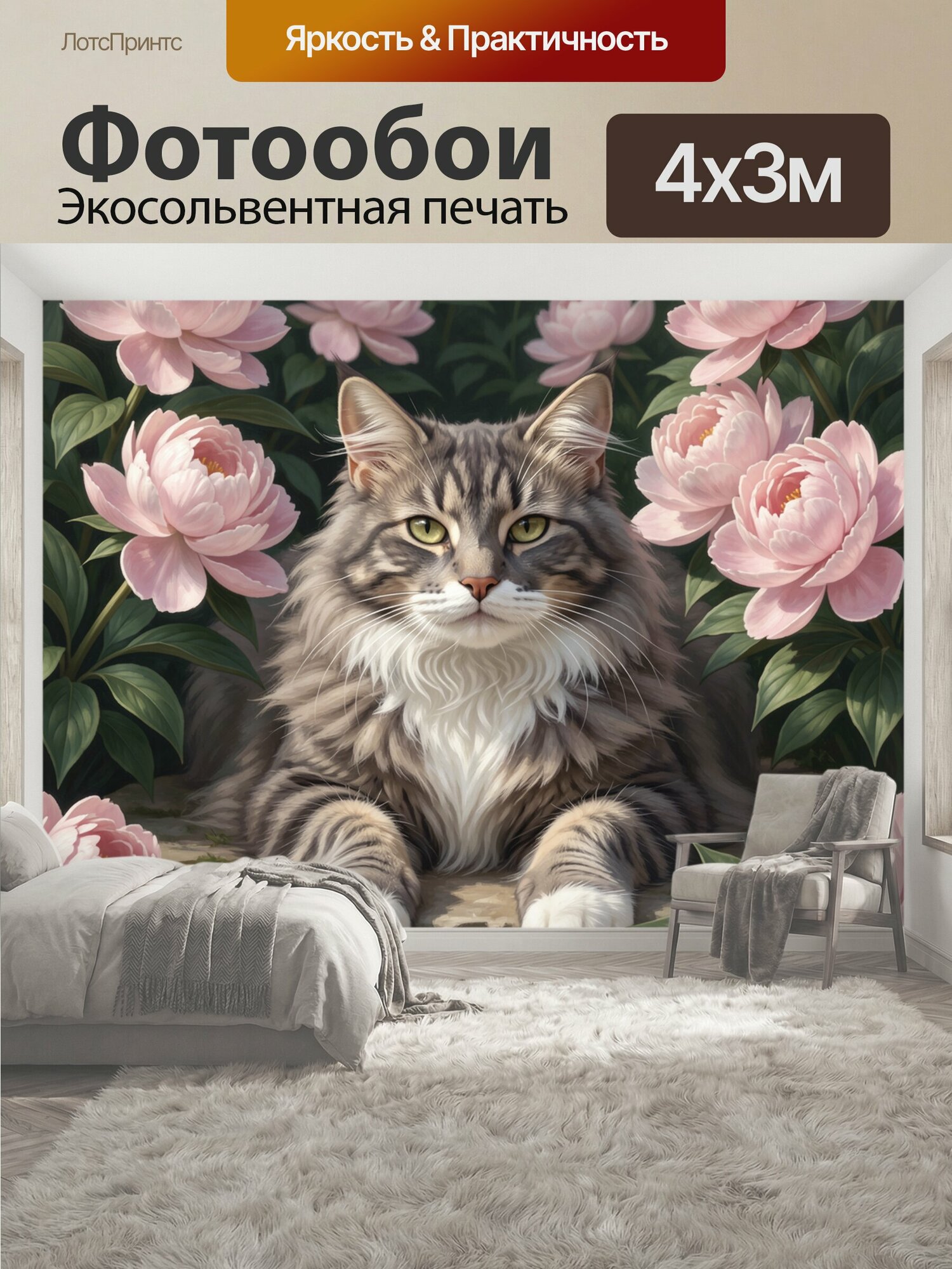 Фотообои "Пушистый серый кот среди пионов. Длинношерстный табби с белыми лапами лежит в цветущем саду среди нежно-розовых бутонов. Живописная." 400x300 см. экосольвентная печать