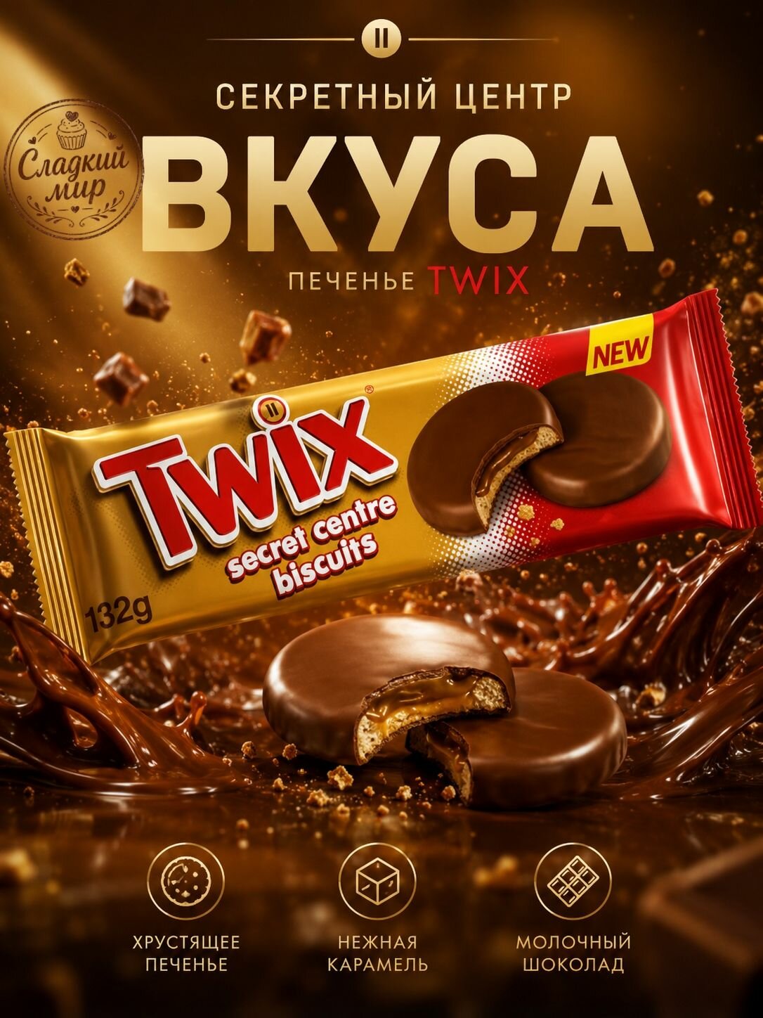 Бисквитное печенье в шоколаде Twix Secret Centre Biscuits с карамельной начинкой, 132 гр. (Великобритания)