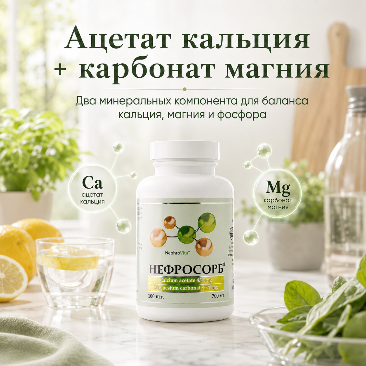 Нефросорб NephroVita 100 таблеток х 700мг, Фосфатбиндер, защита почек, здоровый минеральный обмен — фото 1