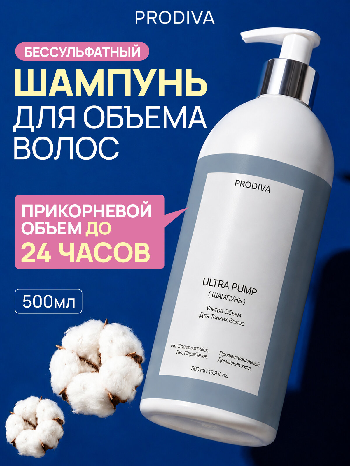 Шампунь для пышного объема и плотности волос Ultra Pump Shampoo с коллагеном и хлопком 500 мл