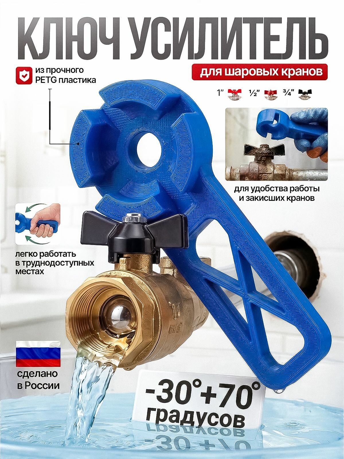 Ключ усилитель для шаровых кранов типа Бабочка 1" 3/4" 1/2" синий