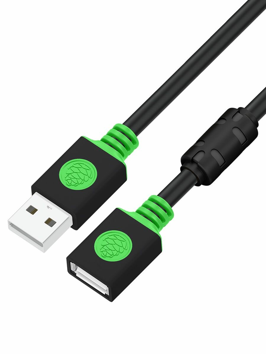 Удлинитель кабеля 2 метра GCR AM AF удлинитель USB 2.0 для ноутбука компьютера ферритовое кольцо черный