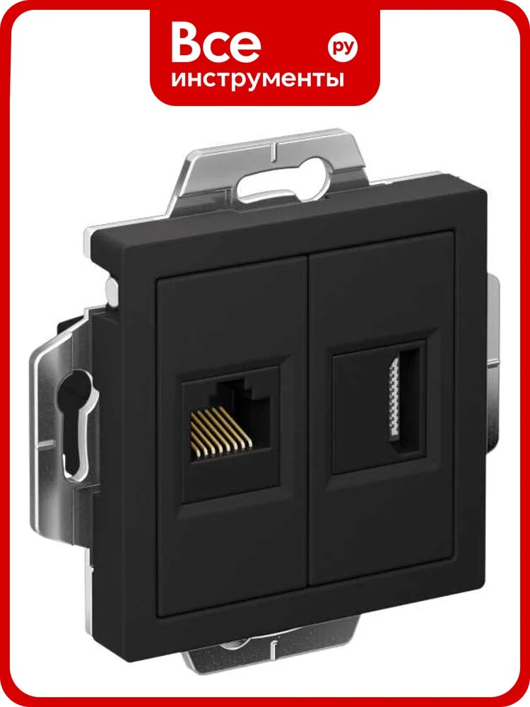 Механизм двойной розетки Systeme Electric Atlasdesign карбон hdmi+rj45, кат.5е, ATN001082