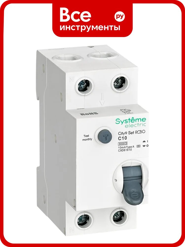 Автоматический выключатель дифференциального тока (авдт) Systeme Electric City9 set 1p+n с 10а 6ka 10ма тип-a 230в C9D61610