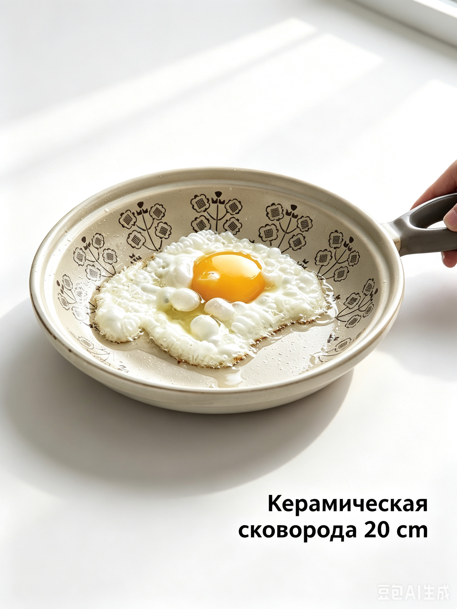 Сковорода для завтрака керамическая 20 см бежевая с цветочным декором Японская керамика