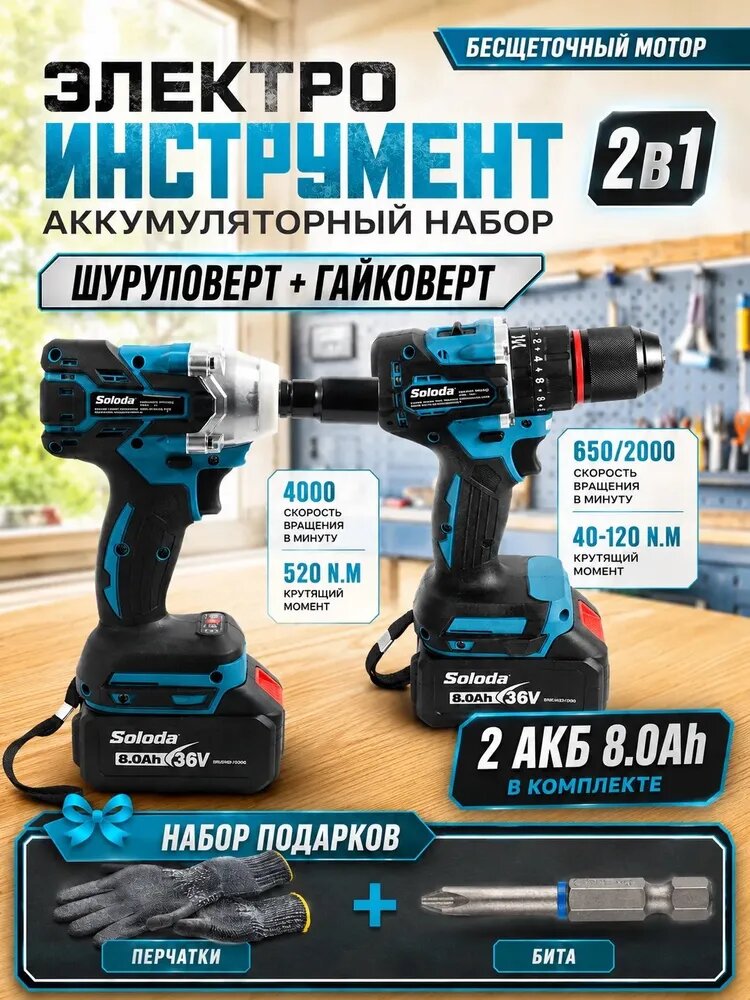Гайковерт аккумуляторный ударный и шуруповерт ударный 13мм бесщеточный Набор 2в1
