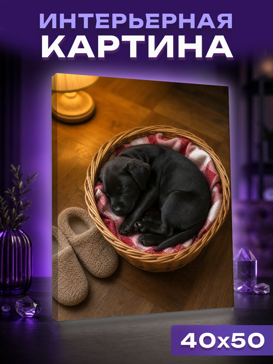 Интерьерная картина черный щенок лабрадора