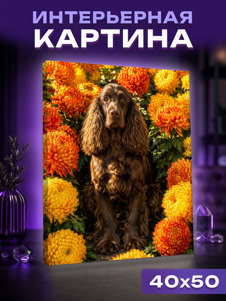 Интерьерная картина кокер-спаниель в поле крупных хризантем