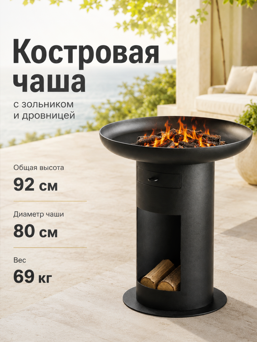 Костровая чаша «Факел Подиум» 80 см (сталь 5 мм) с дровницей и зольником