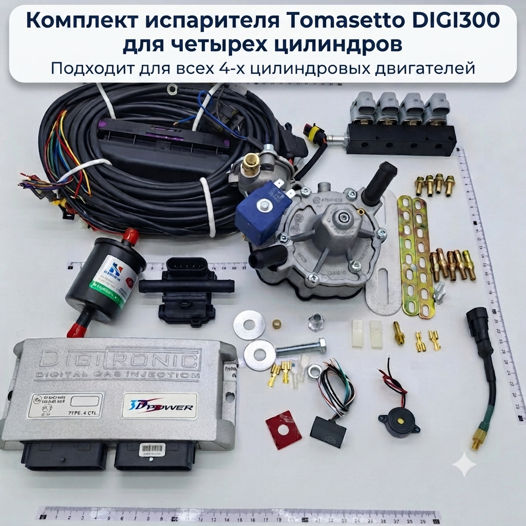 Переоборудование автомобиля на сжиженный газ/сжатый природный газ для работы на природном газе, испаритель Tomasetto, комплект DIGI300 для четырехцилиндровых двигателей и газовые принадлежности.