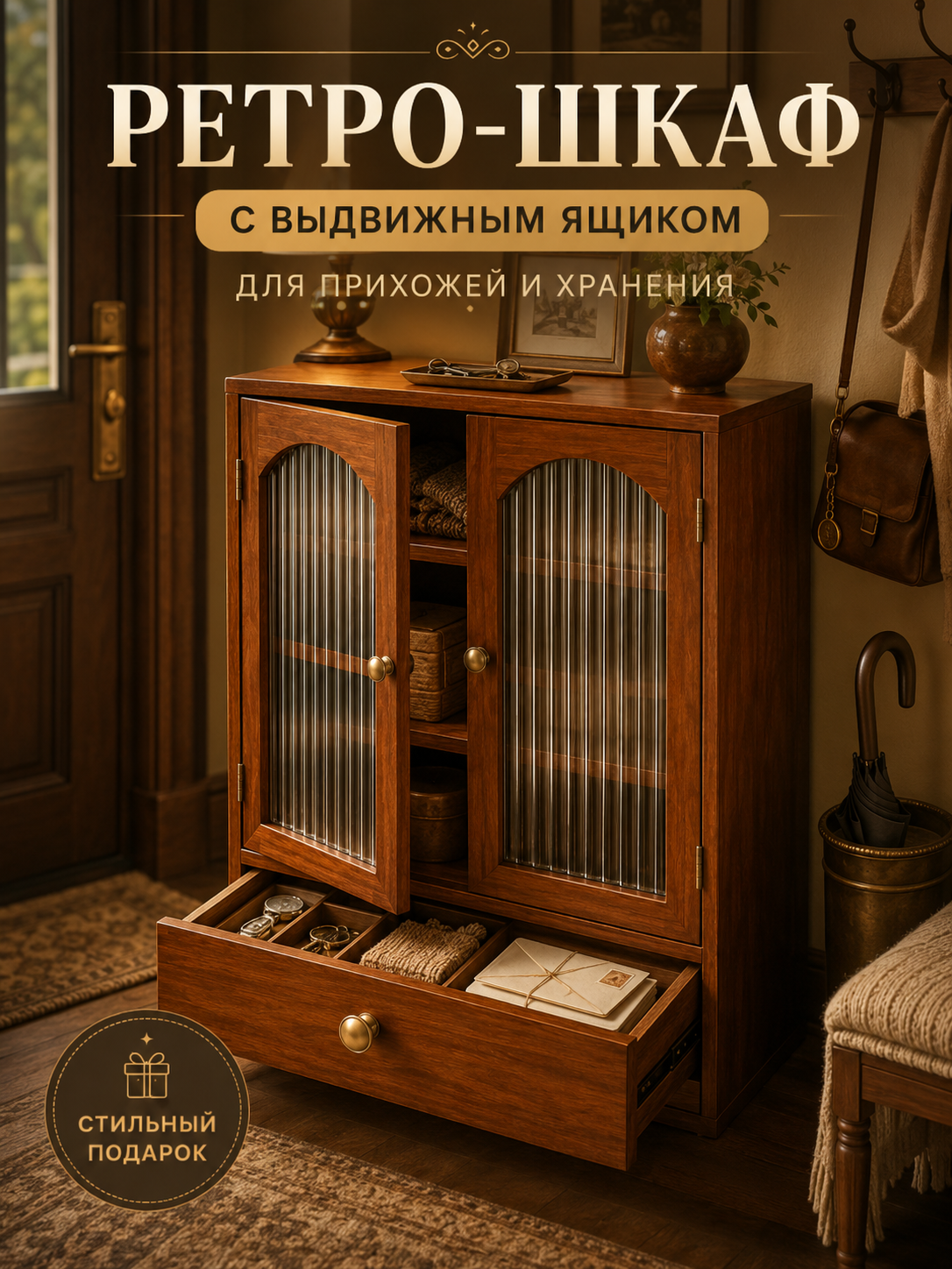 Ретро-деревянный шкаф для хранения вещей, Шкаф с выдвижными ящиками с двойной дверцей