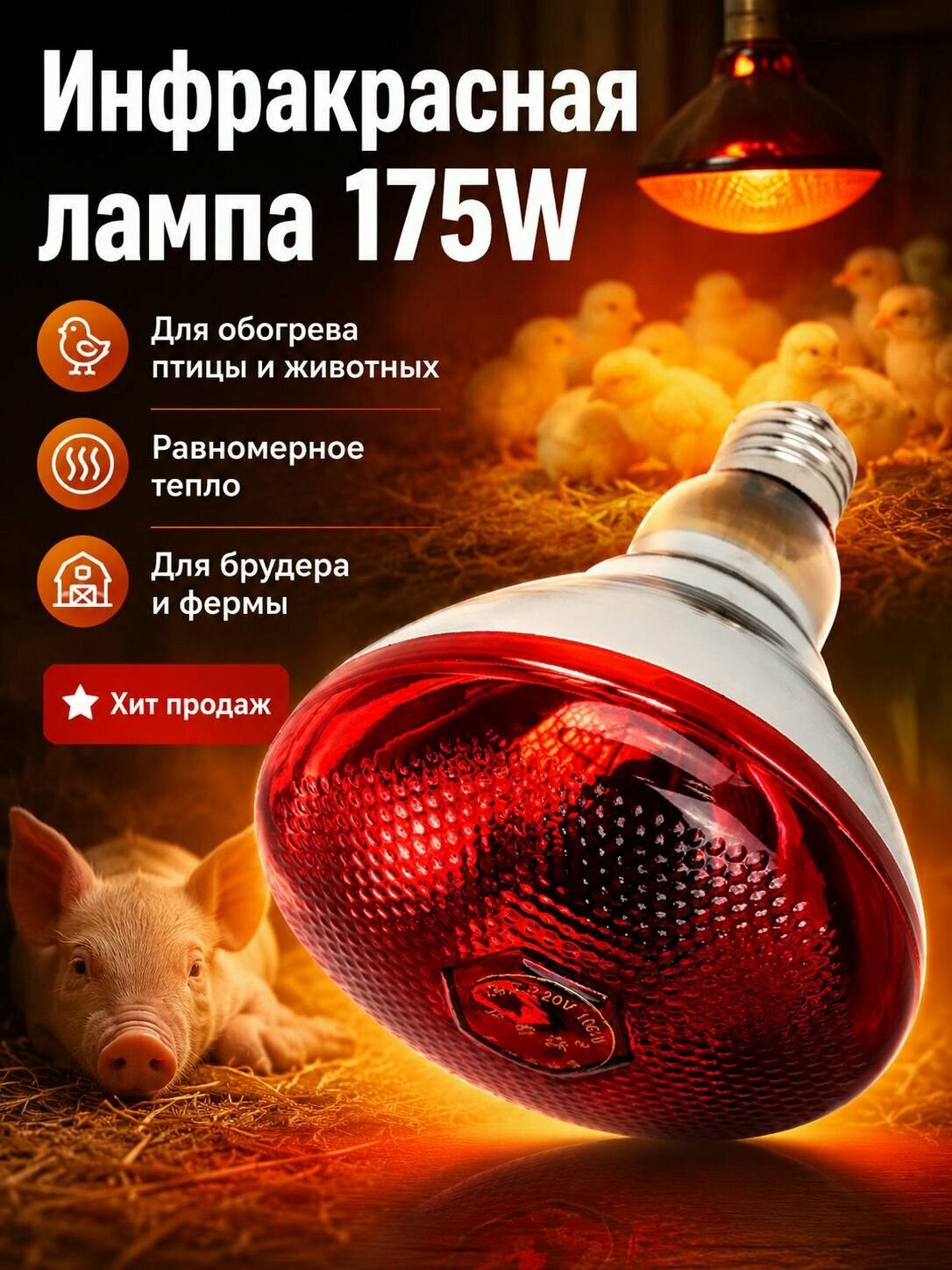 Инфракрасная лампа для курятника цыплят птиц животны цоколь E27, 1 шт / Инфракрасная лампа для обогрева для цыплят для птиц для животных обогрев