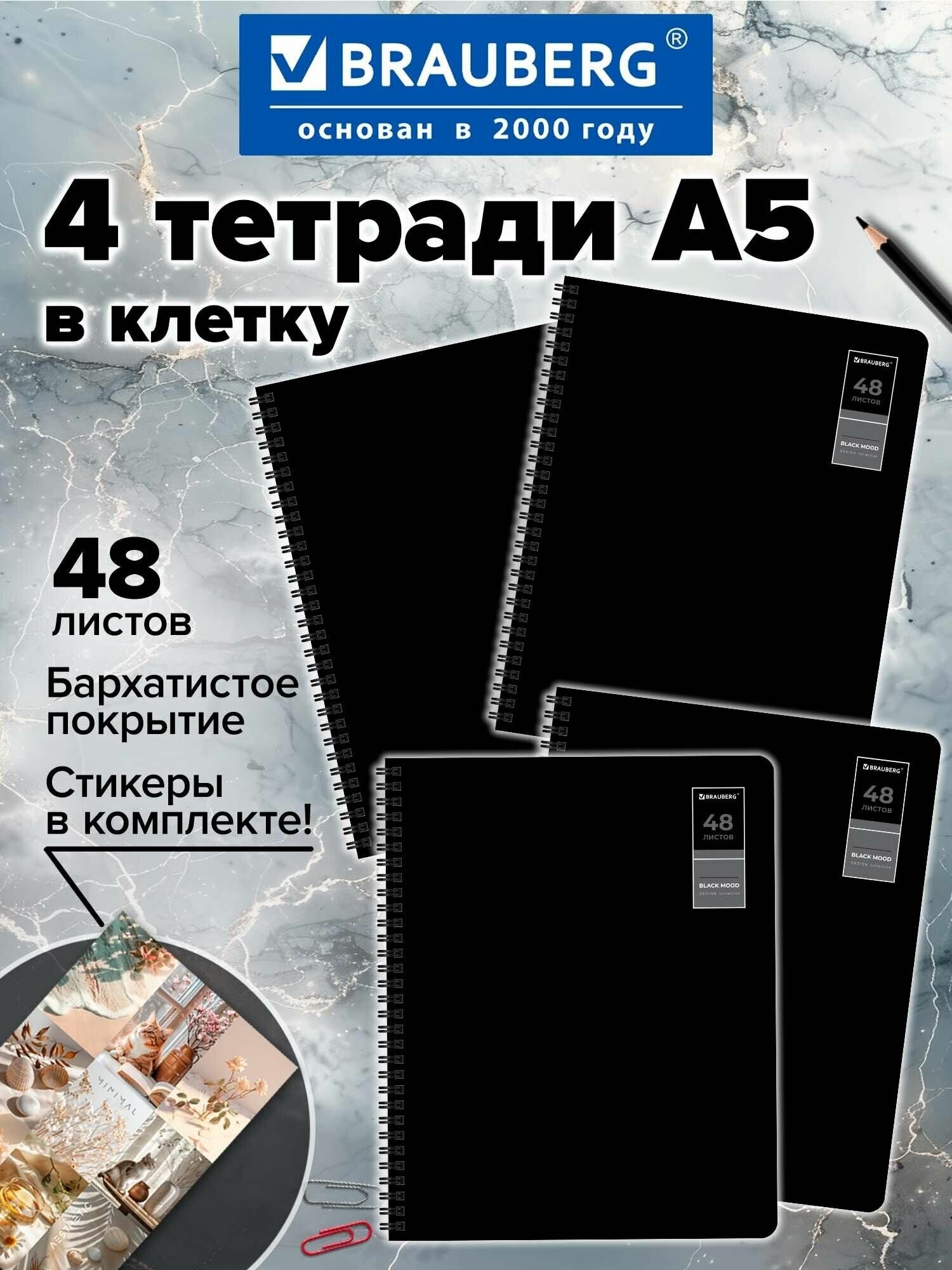 Тетрадь Brauberg в клетку 48 листов А5 общая для записей на пружине в школу и офис, набор 4 штуки, 405578