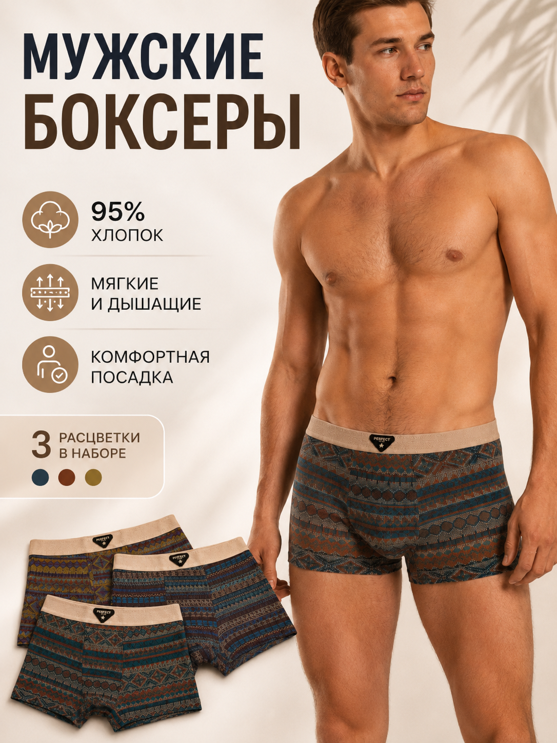 Трусы  Мужские трусы набор из 3 штук Хлопок 95%, комплект