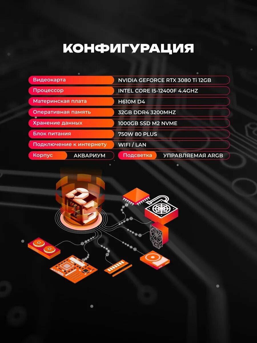 Системный блок мощный ПК, NVIDIA GeForce RTX 3080 TI, Intel Core i5-12400F, DDR4 32 ГБ, SSD 1 ТБ — фото 1