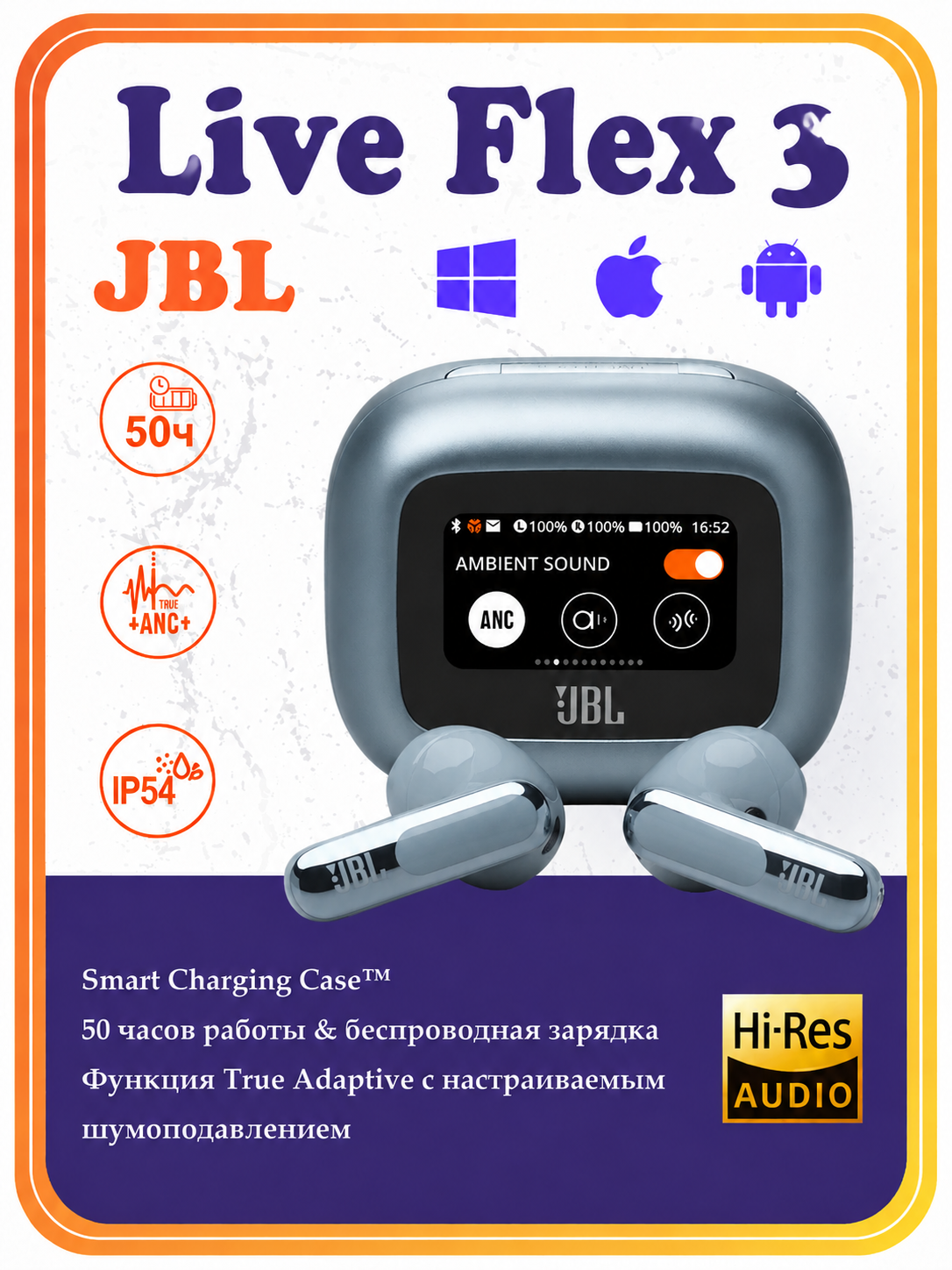 JBL Наушники беспроводные с микрофоном JBL Live Flex 3, Bluetooth, USB Type-C, синий