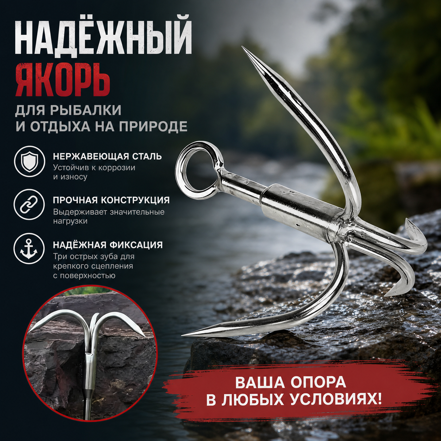 Четырехлапый якорь из нержавеющей стали, для удаления водорослей со дна и поиска затопленных снастей, износостойкий крюк для рыбалки и дайвинга (Длина: 140 мм)