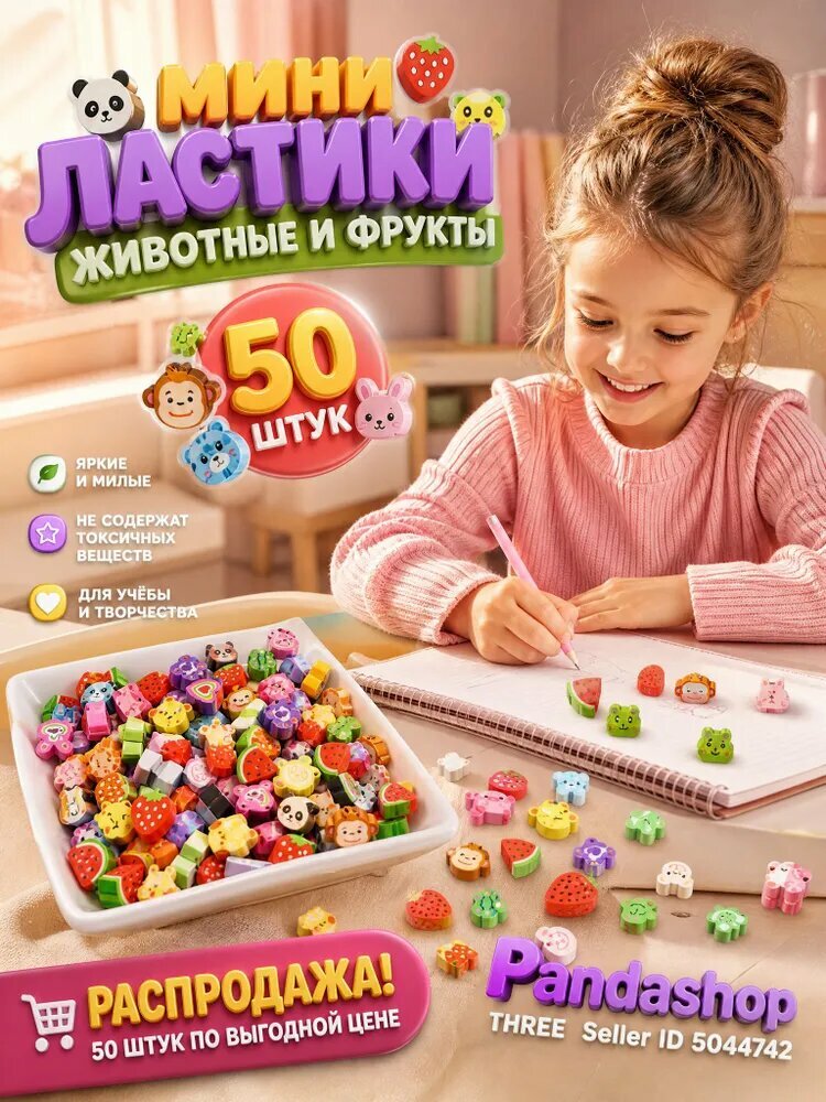 50 комплектов студенческих ластиков с рекламным оформлением, мини-ластики с мультяшными животными и фруктами