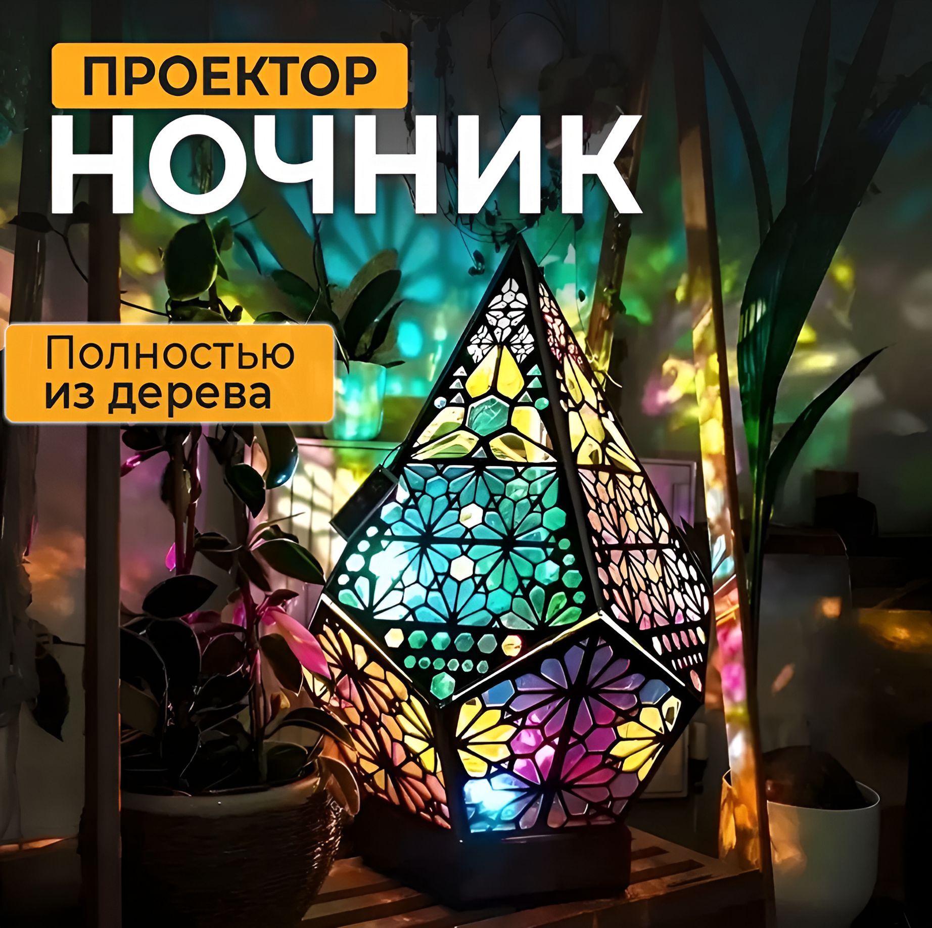 Декоративный настольный светильник, лампа-проектор из дерева