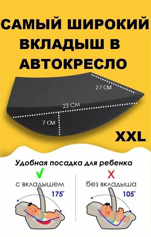 Подушка большой вкладыш XXL анатомическая в автокресло автолюльку серый XXL