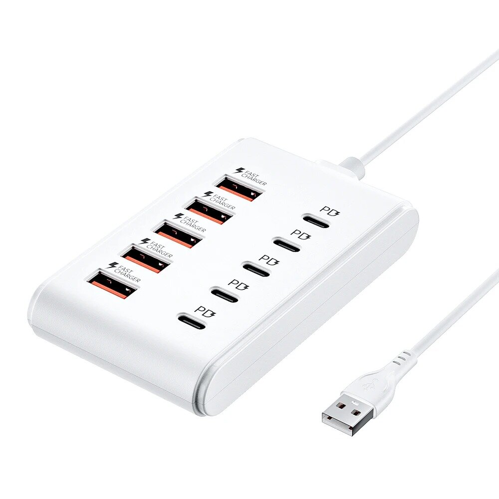 USB-C хаб 10-в-1 с быстрой зарядкой и передачей данных, белый, компактный многопортовый адаптер для смартфонов, ноутбуков, планшетов, камер и принтеров