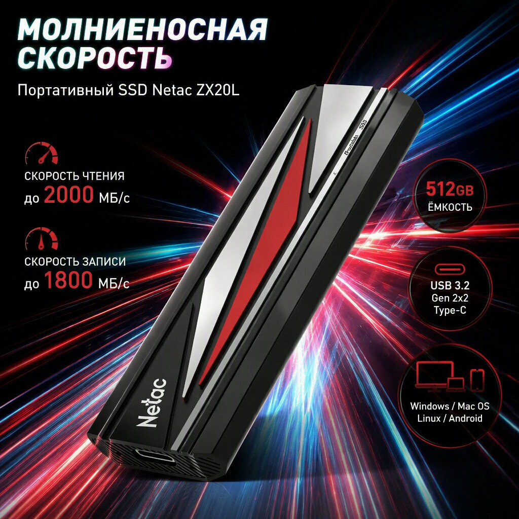 Внешний накопитель SSD Netac USB-C 512GB NT01ZX20L-512G-32BK ZX20L черный