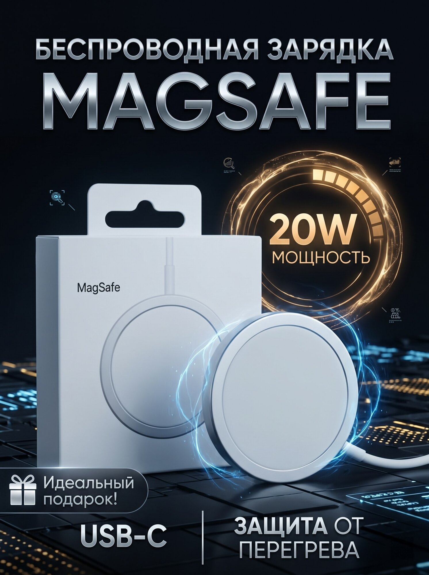 Беспроводное магнитное зарядное устройство MagSafe для iPhone, быстрая беспроводная зарядка с кабелем USB-C, защита от перегрева, для телефона смартфона Apple айфон, белый