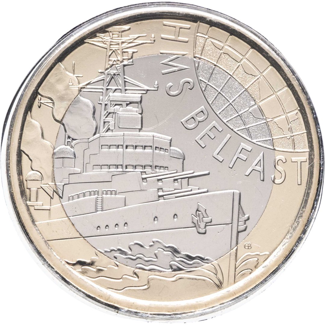 Великобритания 2 фунта 2025 "HMS Belfast" в буклете, Биметалл, в сохранности BUNC
