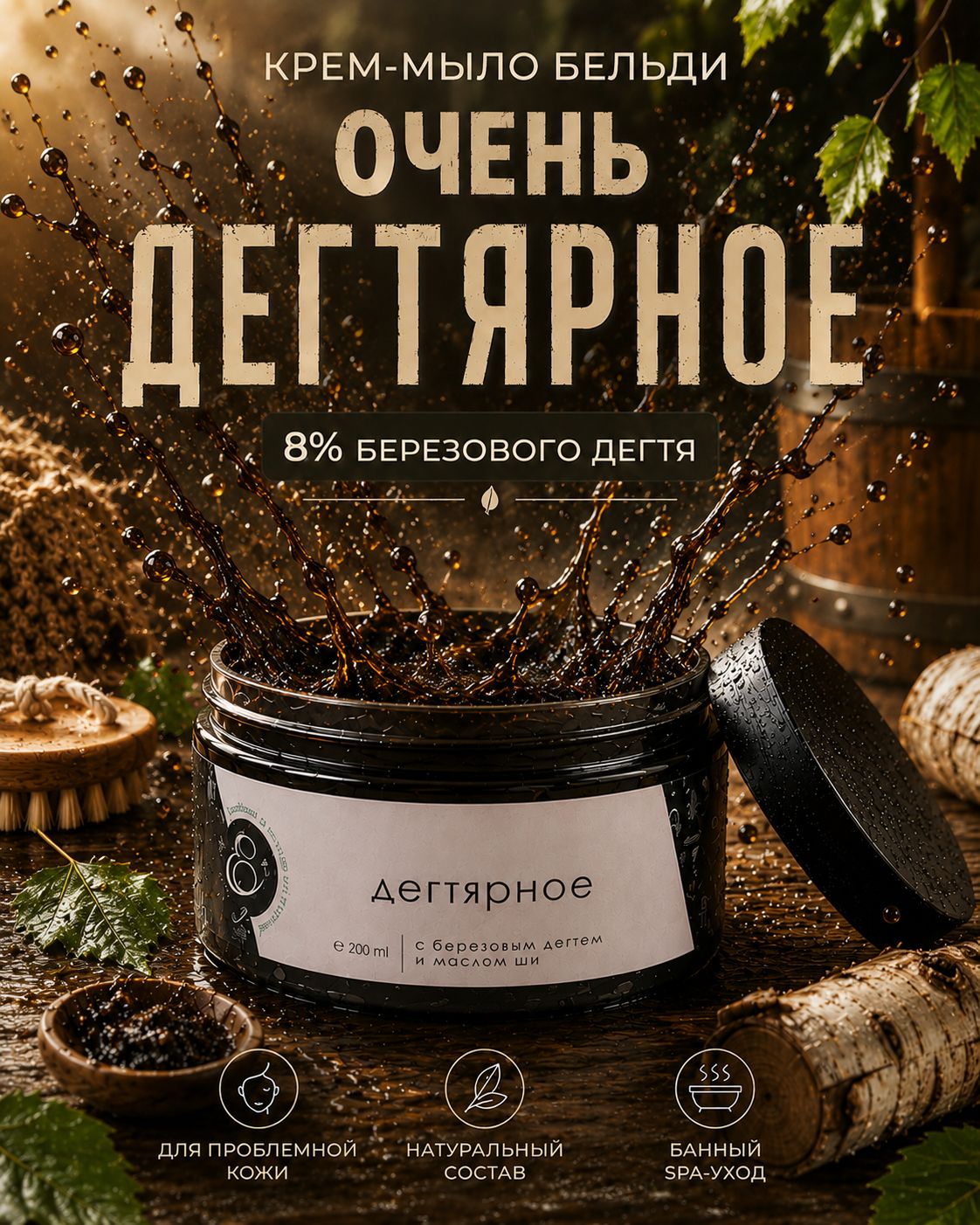Натуральное мягкое крем мыло бельди Дегтярное для лица тела и волос, для умывания проблемной кожи от прыщей и перхоти, для бани, 200 мл