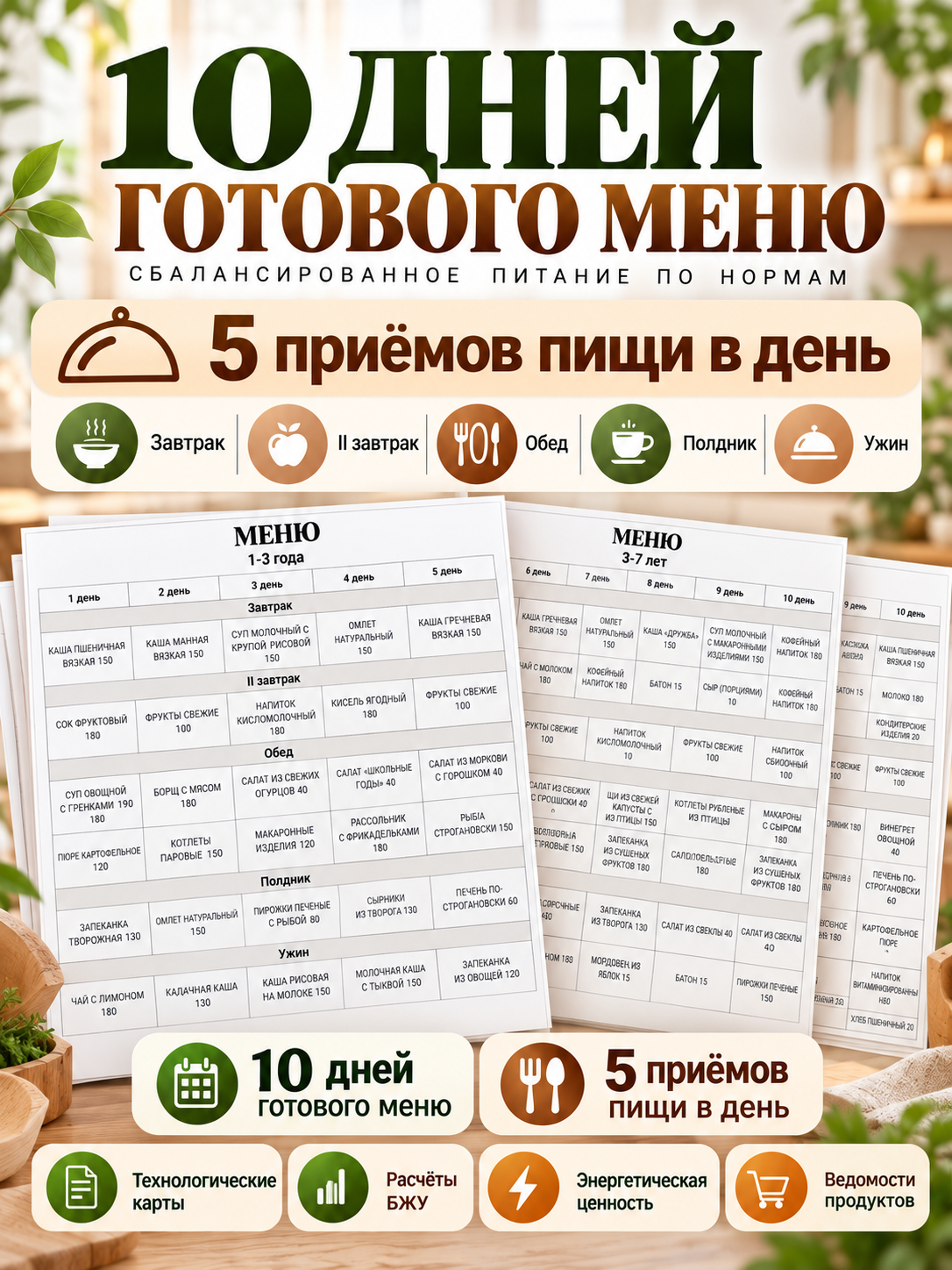 Меню для детского сада 1–3 года — 10 дней, 5 приёмов пищи, технологические карты — фото 1