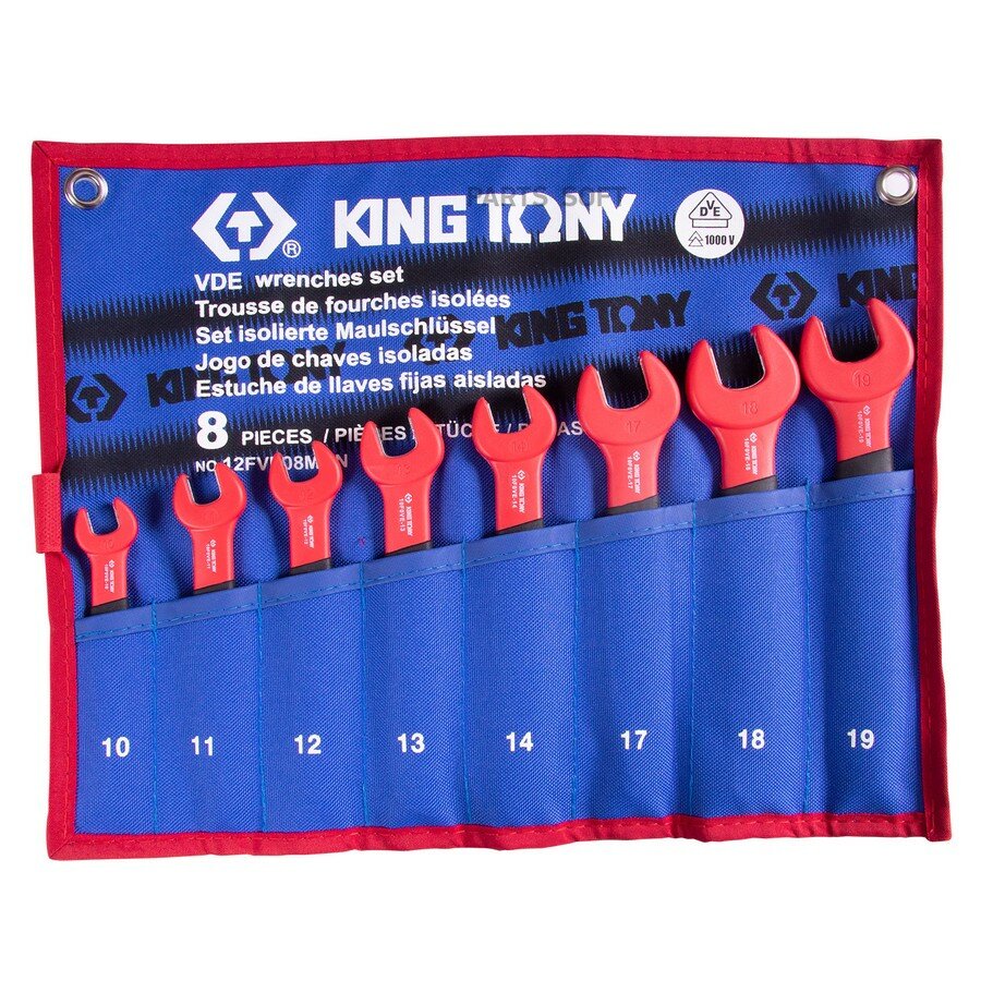 KING TONY Набор рожковых диэлектрических ключей, 10-19 мм, чехол из теторона, 8 предметов от официального дистрибьютора, KING TONY, артикул 12FVE08MRN