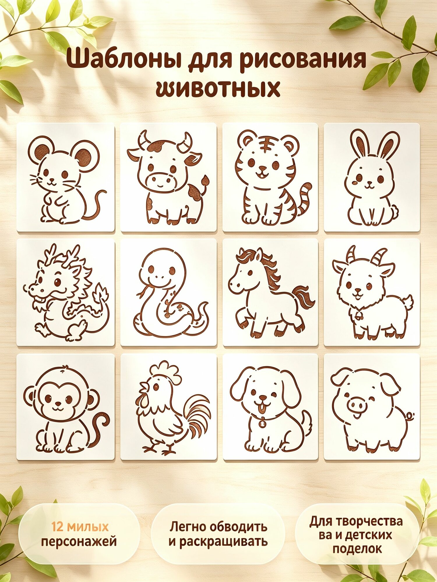 Набор трафаретов для рисования 12 животных 10*10 см, 12 шт, Артикул: 5797352190