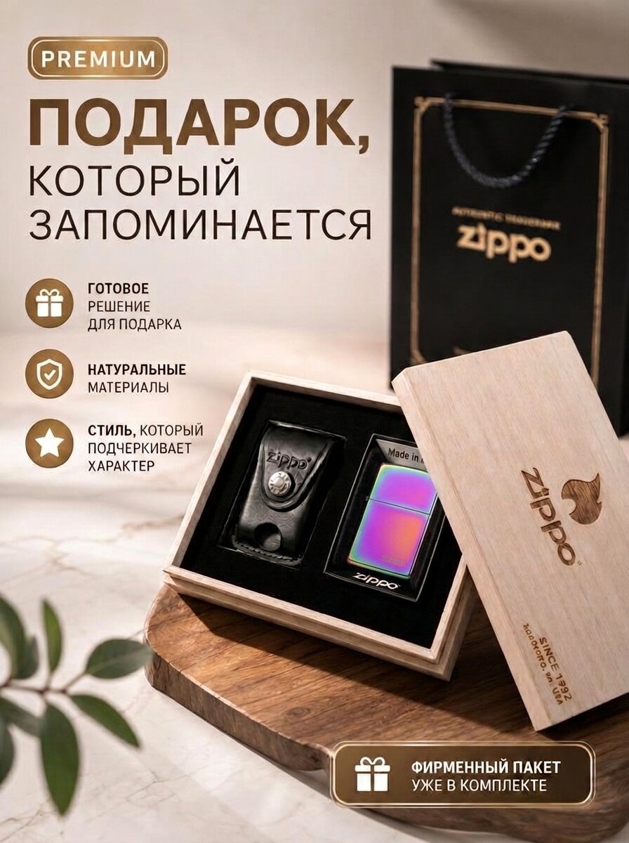 Подарочный набор Zippo с чехлом и расходниками в деревянной коробке