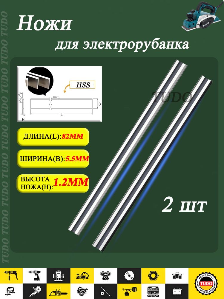 Ножи для электрорубанка (двусторонняя заточка) ИНТЕРСКОЛ, макита узкие 82х5,5х1,2MM и др 2шт