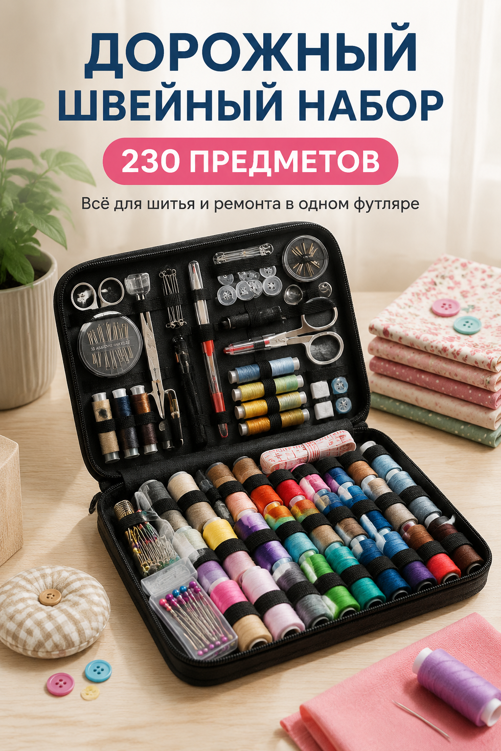 Дорожный швейный набор в футляре, 230 предметов