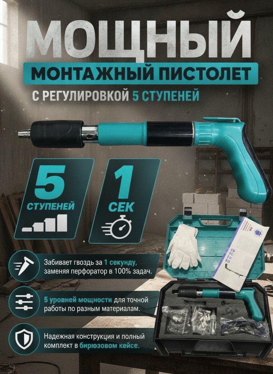 Гвоздезабивной пистолет для дюбелей по бетону синий в кейсе, 5 ступеней регулировки силы удара