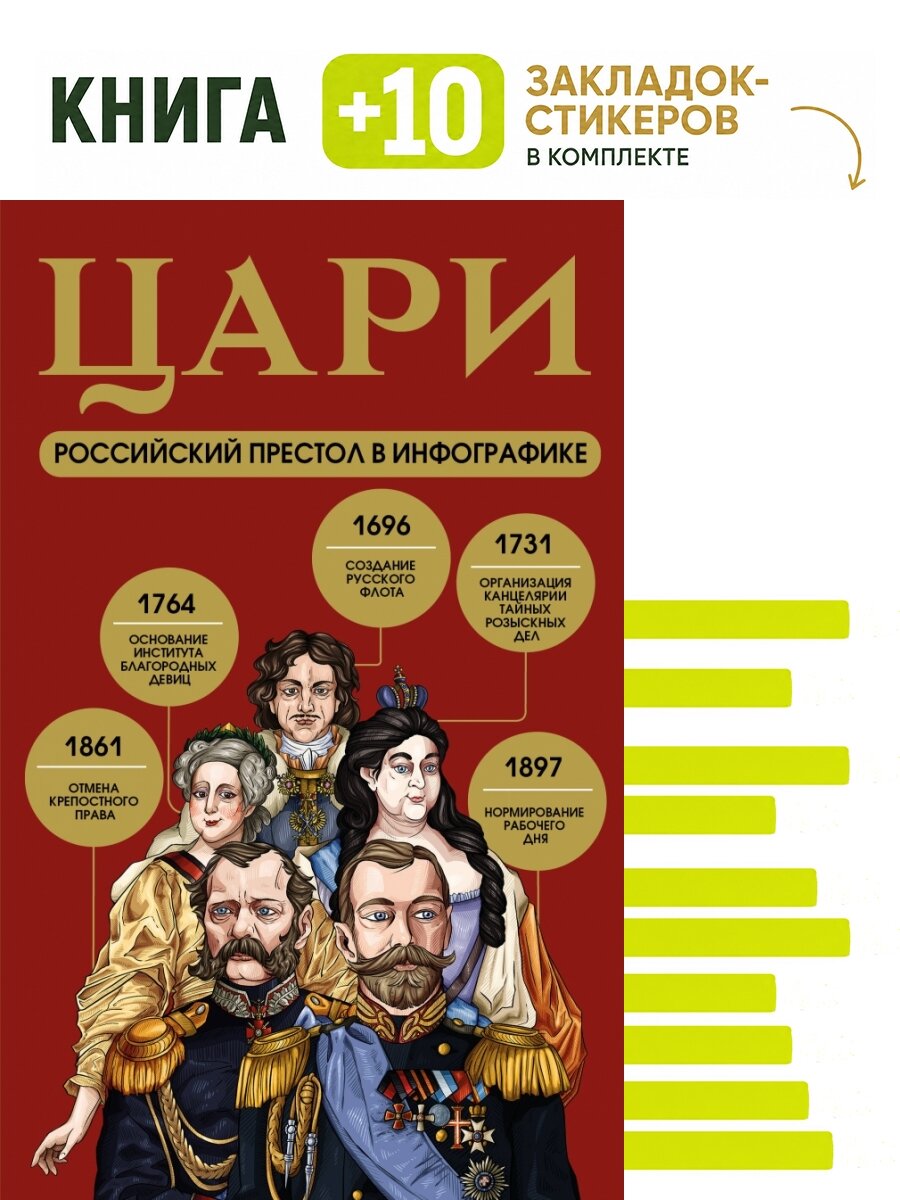 Цари. Российский престол в инфографике. Комплект: книга + 10 закладок-стикеров