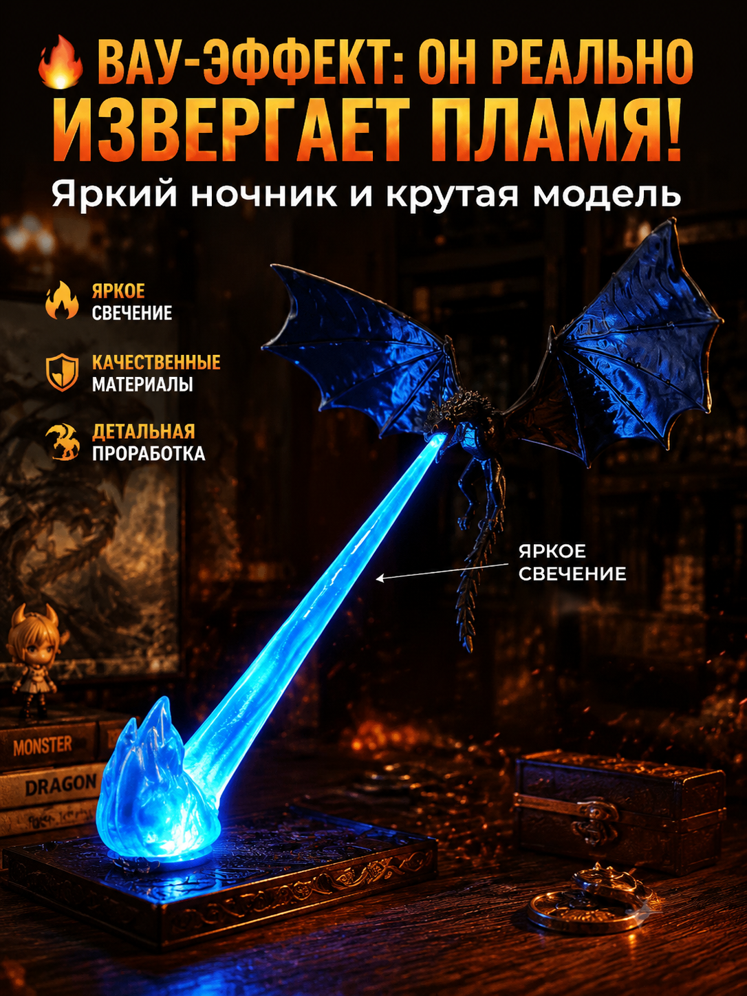 3D ночник с огнедышащим драконом, декоративный светильник, осветительная статуя дракона, настольная лампа
