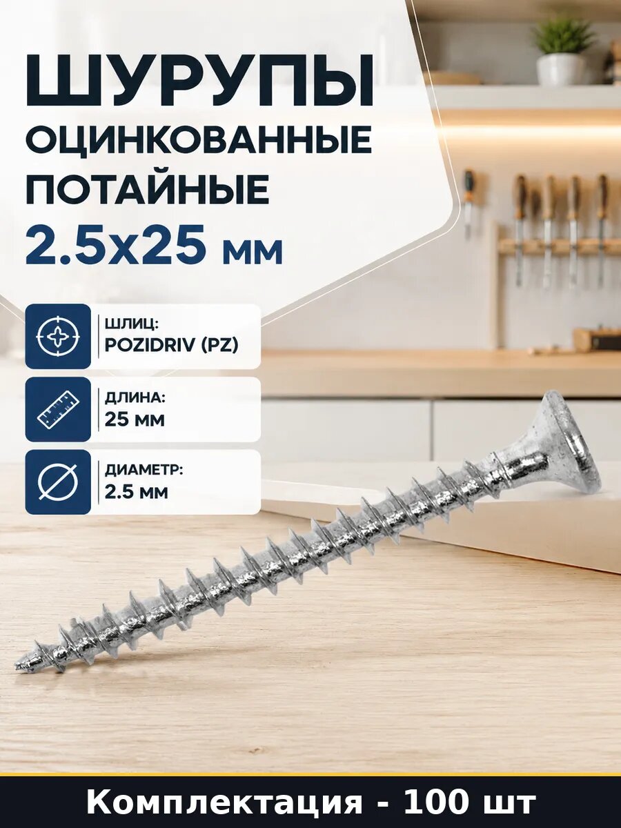 Шурупы оцинкованные потайные 2.5x25 мм набор 100 штук