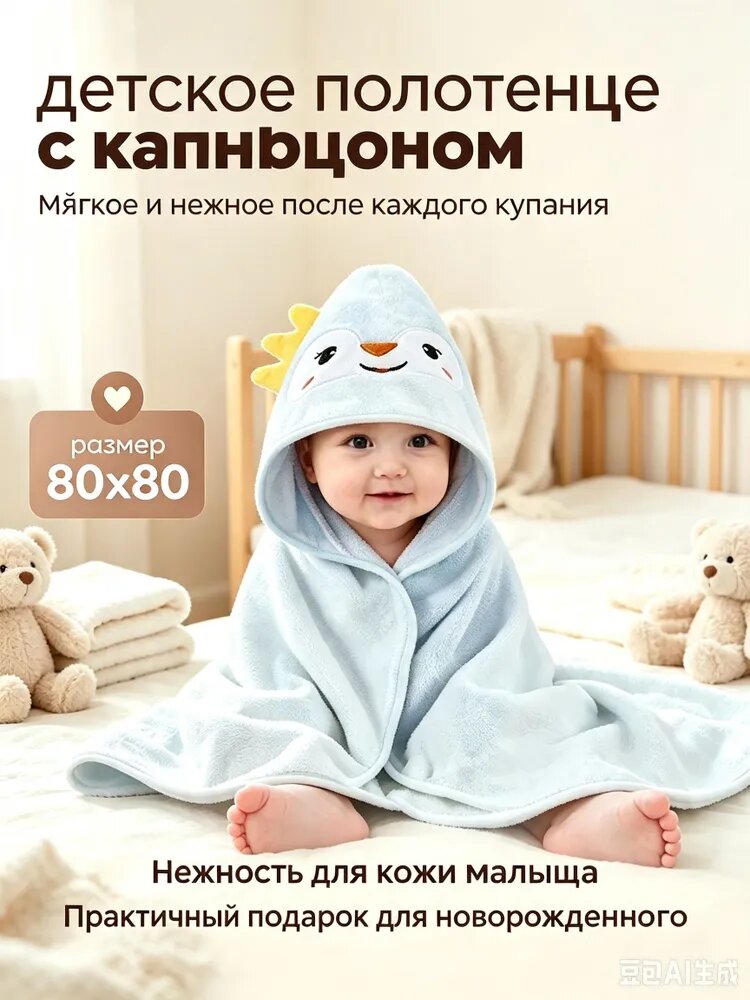 Полотенце детское 80x81 см, махровая ткань, голубой, 1 шт