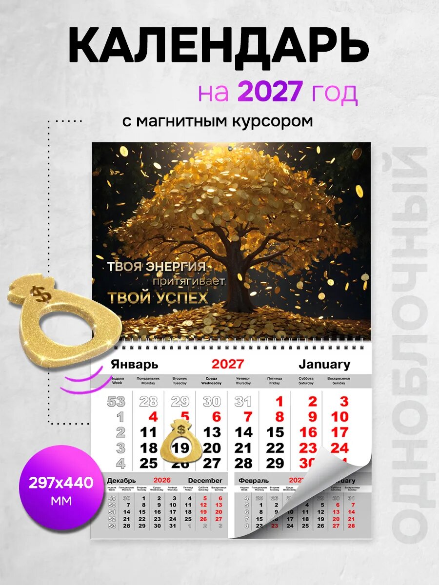 Календарь настенный 2027 одноблочный с магнитным курсором