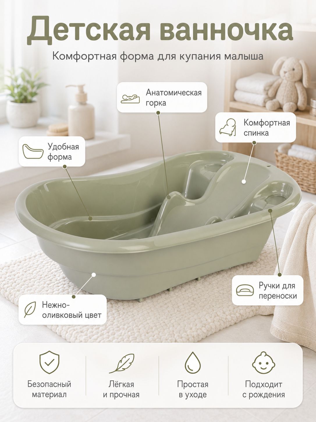 Ванночка детская анатомическая со встроенной горкой и сливом, для новорожденных, оливковая