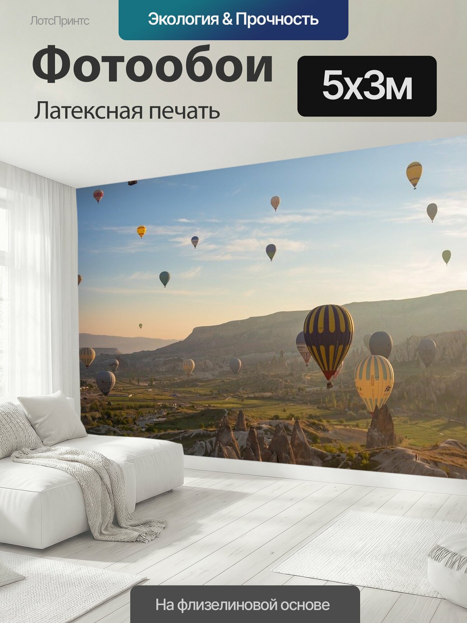Фотообои моющиеся ударопрочные "Воздушный шар, каппадокия, турция" 500x300 см. латексная печать