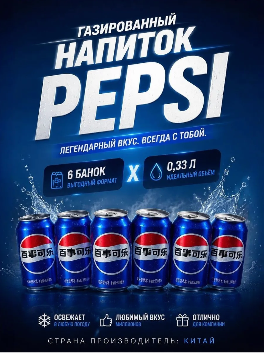Напиток пепси (Pepsi Cola) 6 ж/банок, 330 мл, Китай
