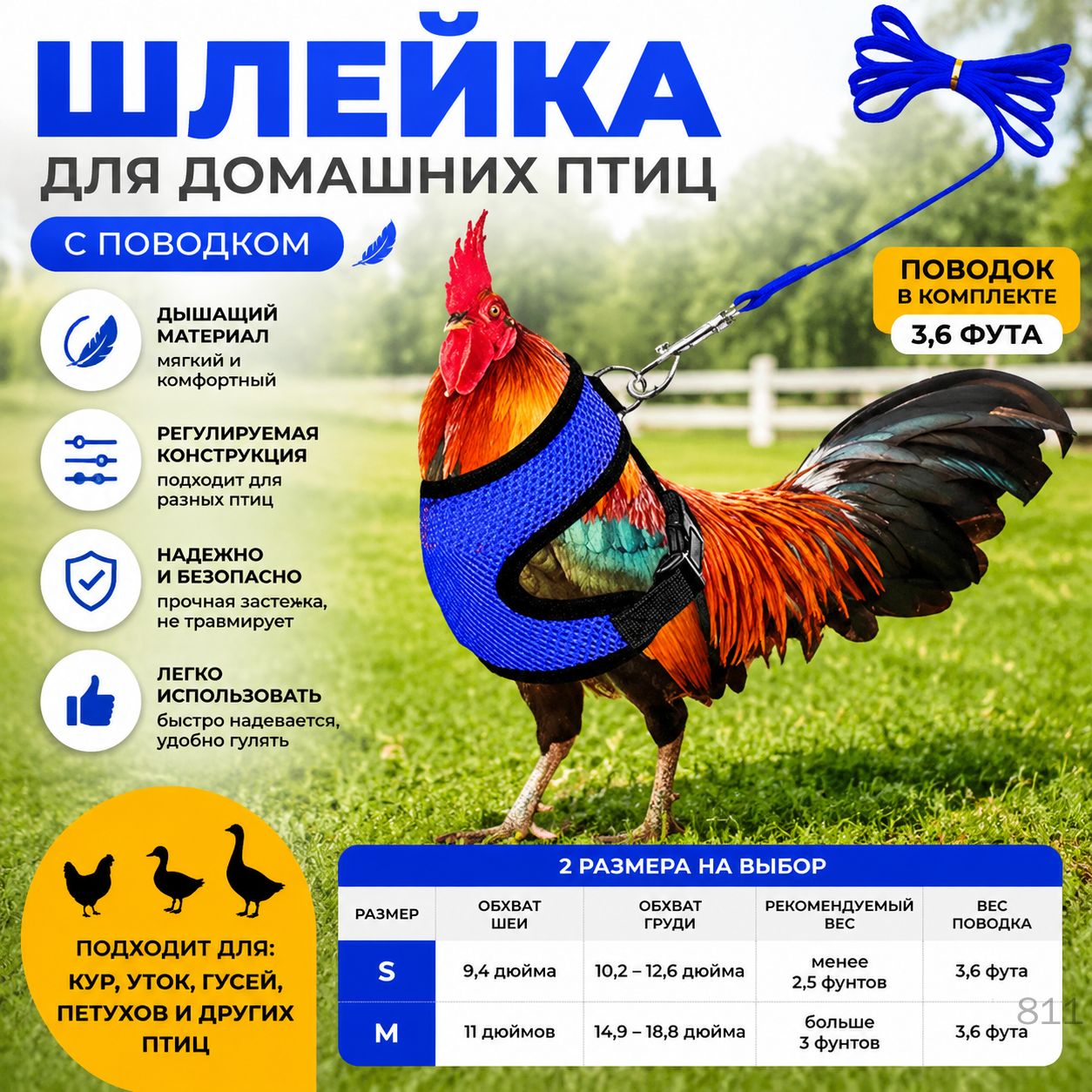 Шлейка для домашних птиц (куры, утки, гуси) с поводком