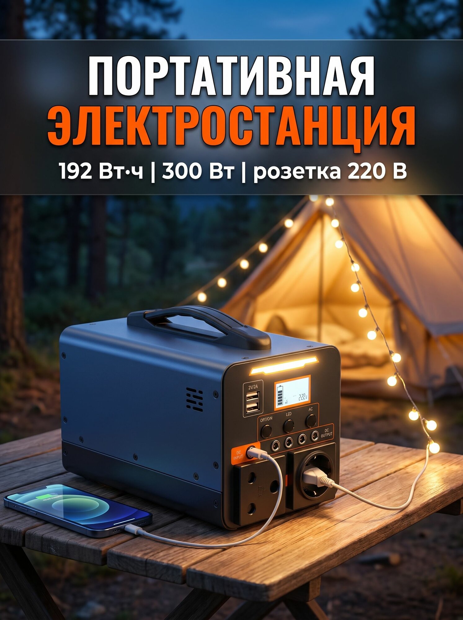 Внешний аккумулятор портативная электростанция 192 Вт ч 300 Вт, зарядная станция для похода и кемпинга, повербанк с розеткой 220 В, 3 кг, 60000 мАч, 300 Вт, серый