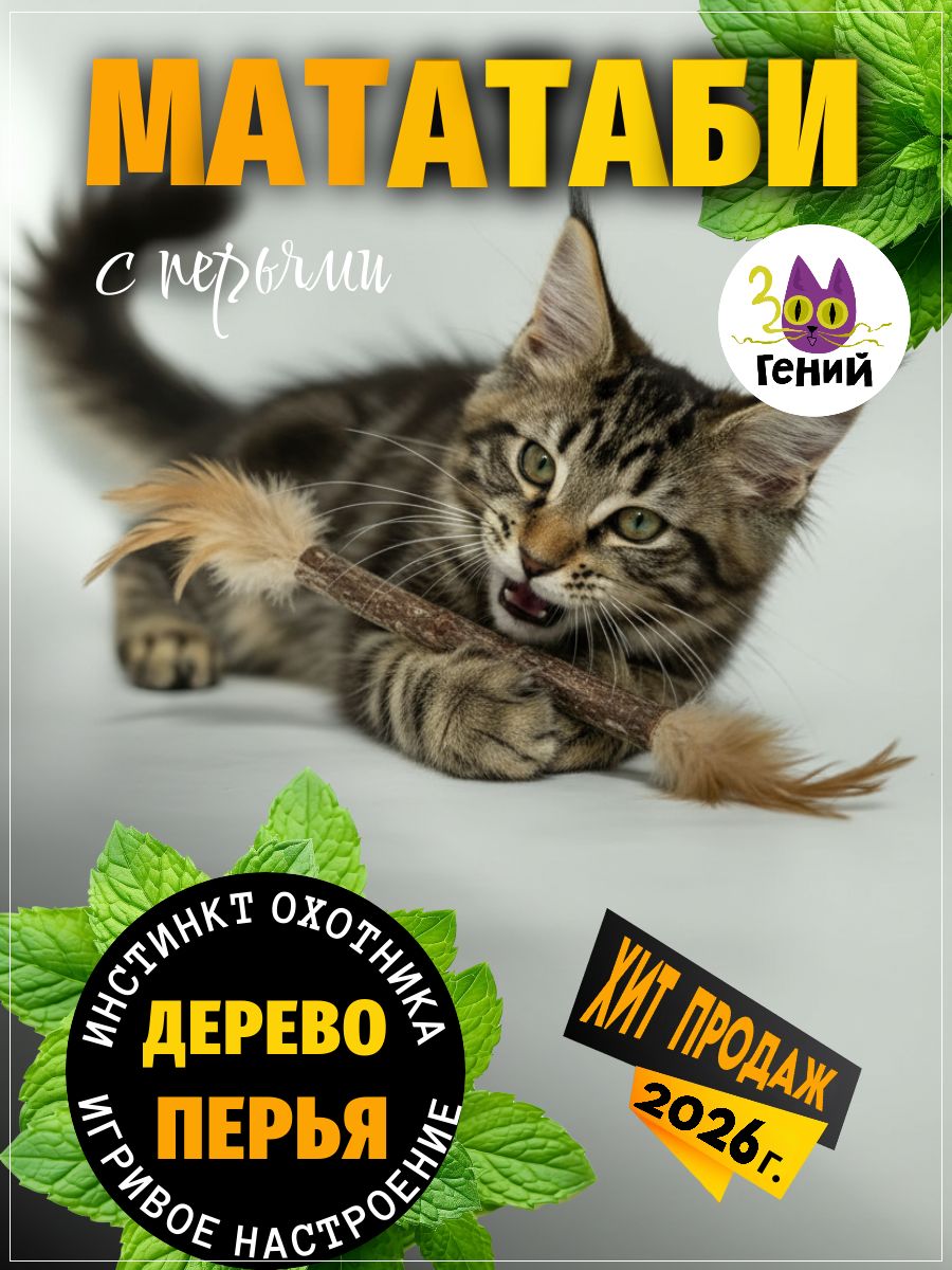 Палочки мататаби для кошек для чистки зубов / японская кошачья мята (бревно 21 см с перьями светло-коричневыми)