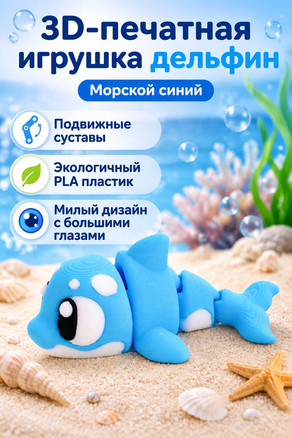 Антистресс-игрушка 3D-печать, фигурка животного с подвижными суставами: дельфин, PLA