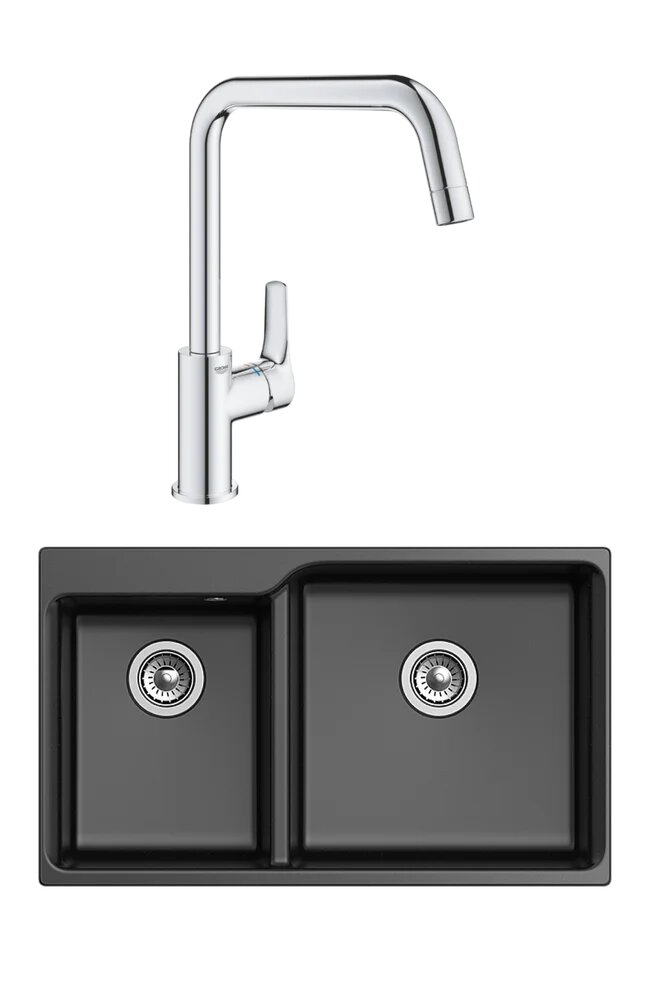 Комплект Мойка Rivelato Axel X-90D nero 87x52, nero, кварц / Смеситель Grohe Eurosmart 30567000 глянцевый хром